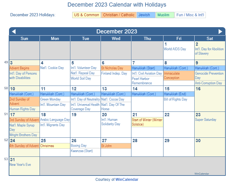 Print Friendly December 2023 US Calendar for printing