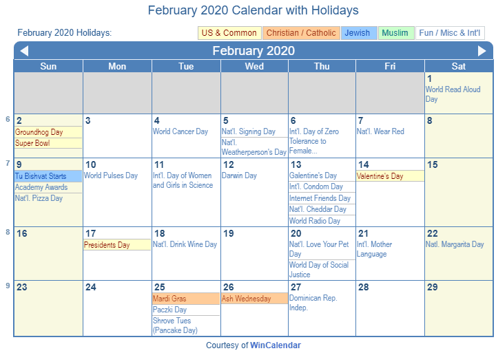 Print Friendly February 2020 US Calendar for printing