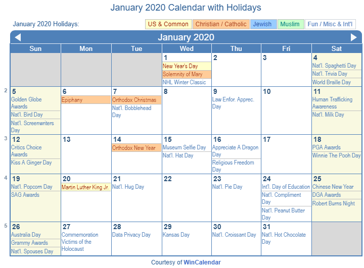 Print Friendly January 2020 US Calendar for printing