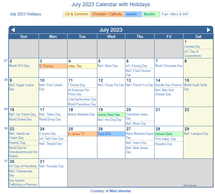 Print Friendly July 2023 US Calendar for printing