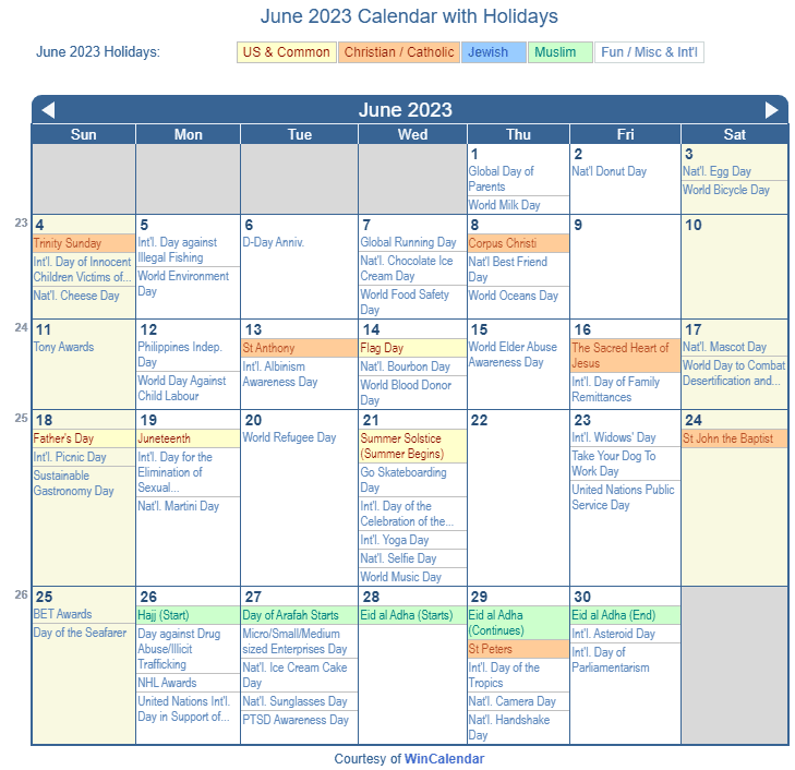 Print Friendly June 2023 US Calendar for printing