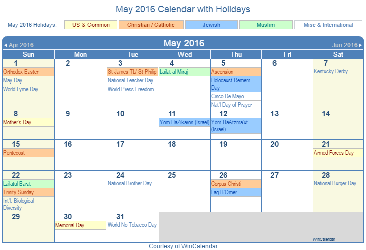 Print Friendly May 2016 US Calendar for printing
