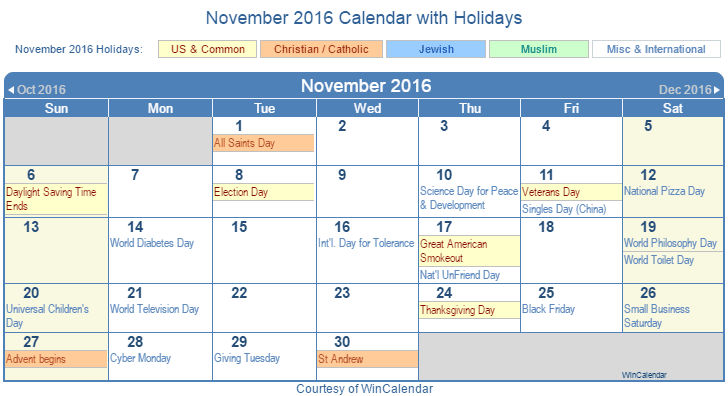 Print Friendly November 2016 US Calendar for printing