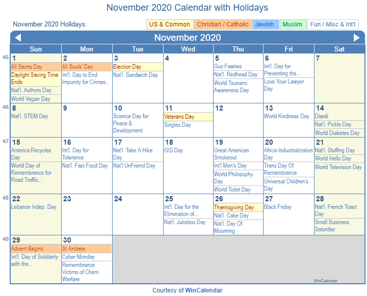 Print Friendly November 2020 US Calendar for printing