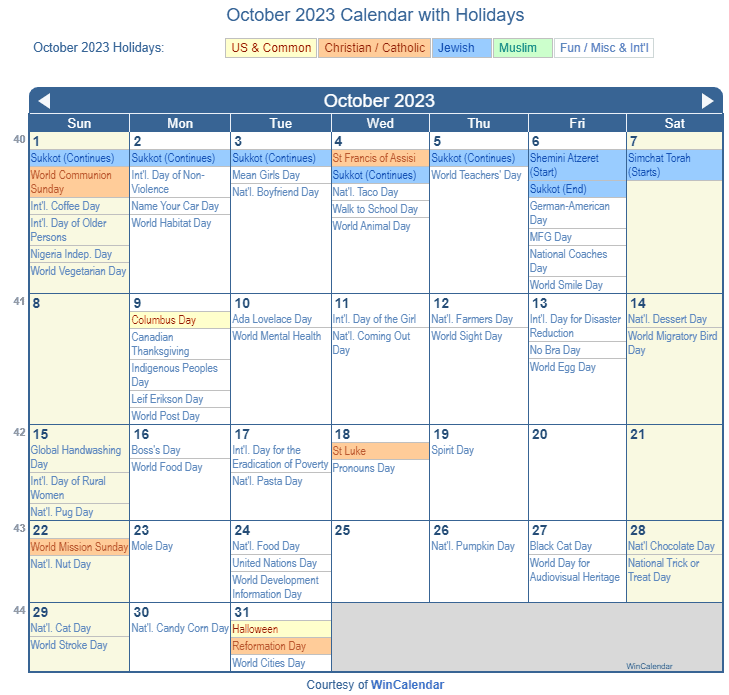 Print Friendly October 2023 US Calendar for printing