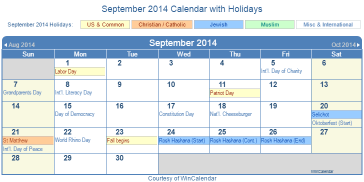 Print Friendly September 2014 US Calendar for printing