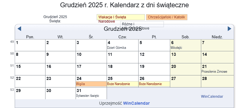 Polska Kalendarz do drukowania - Grudzień 2025