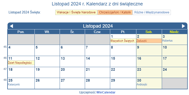 Polska Kalendarz do drukowania - Listopad 2024