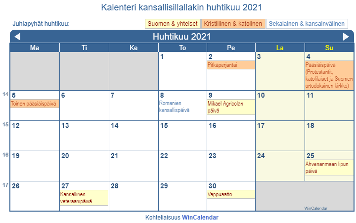 Kalenteri tulostukseen - huhtikuu 2021