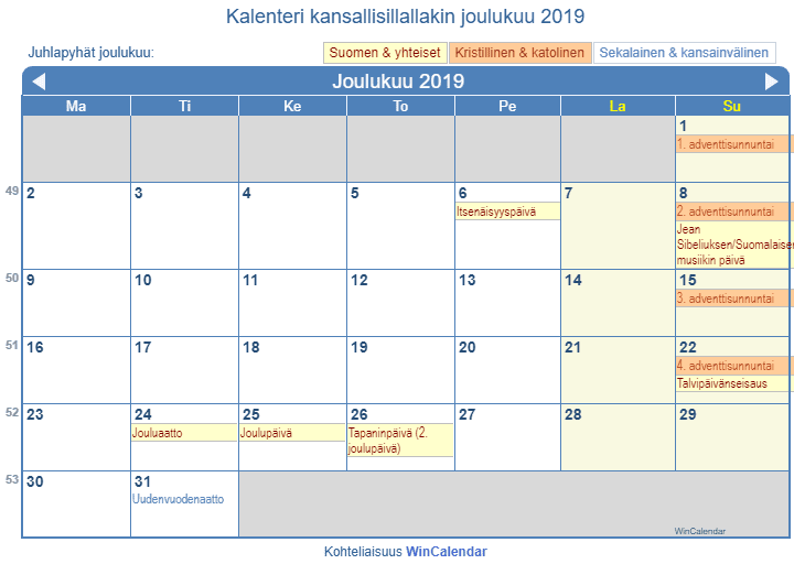 Kalenteri tulostukseen - joulukuu 2019
