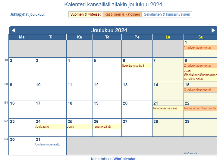 Kalenteri tulostukseen - joulukuu 2024