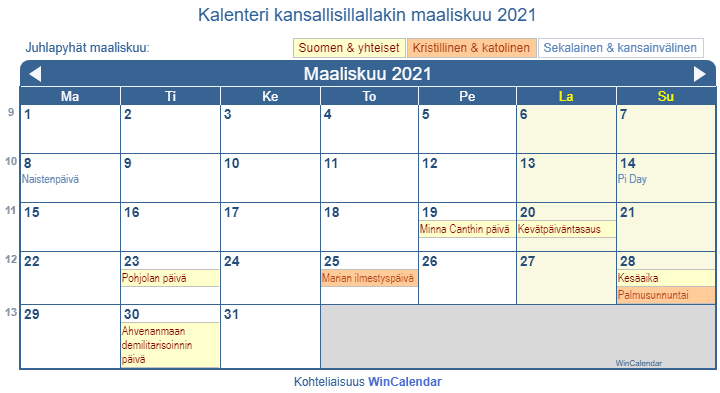 Kalenteri tulostukseen - maaliskuu 2021