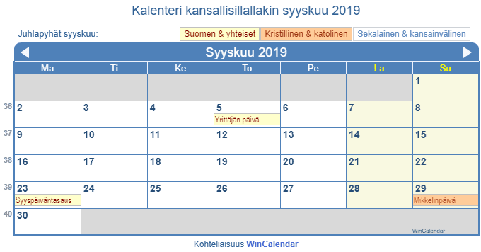 Kalenteri tulostukseen - syyskuu 2019