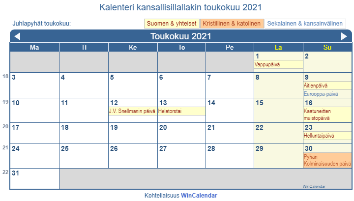 Kalenteri tulostukseen - toukokuu 2021