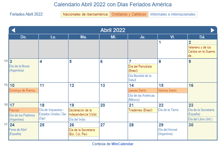 Calendario Abril 2022 para imprimir - América