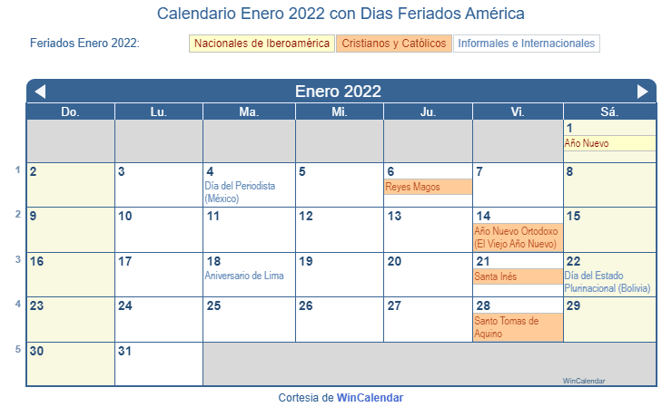 Calendario Enero 2022 para imprimir - América