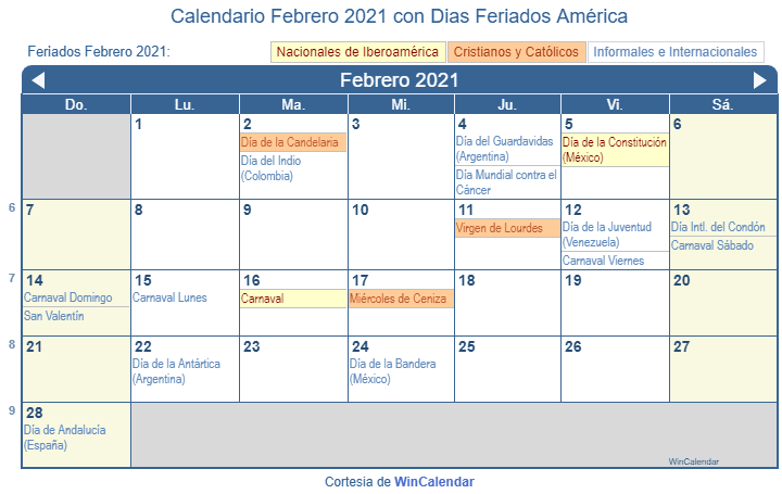Calendario Febrero 2021 para imprimir - América