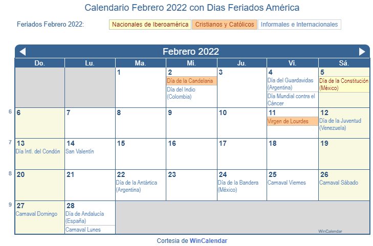 Calendario Febrero 2022 para imprimir - América