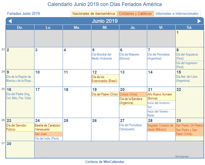Calendario Junio 2019 para imprimir - América