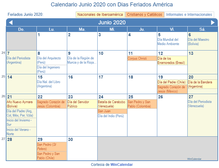 Calendario Junio 2020 para imprimir - América