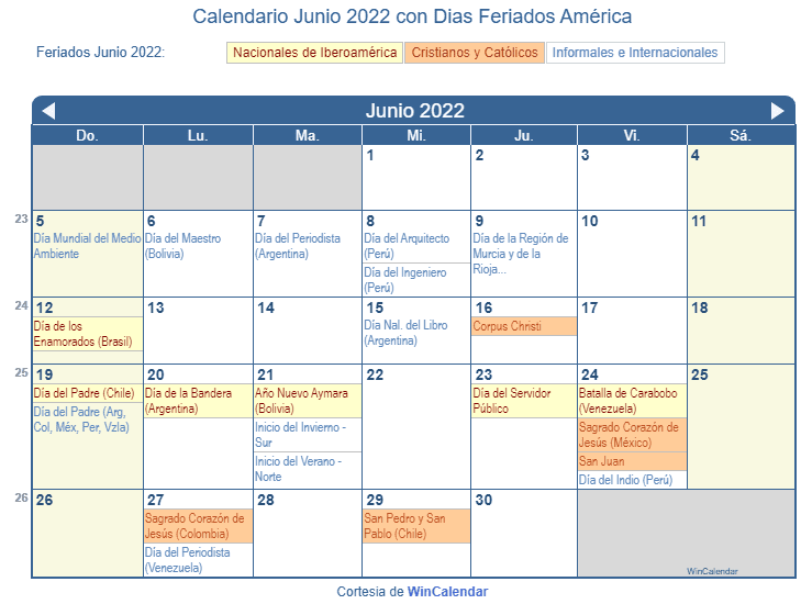 Calendario Junio 2022 para imprimir - América