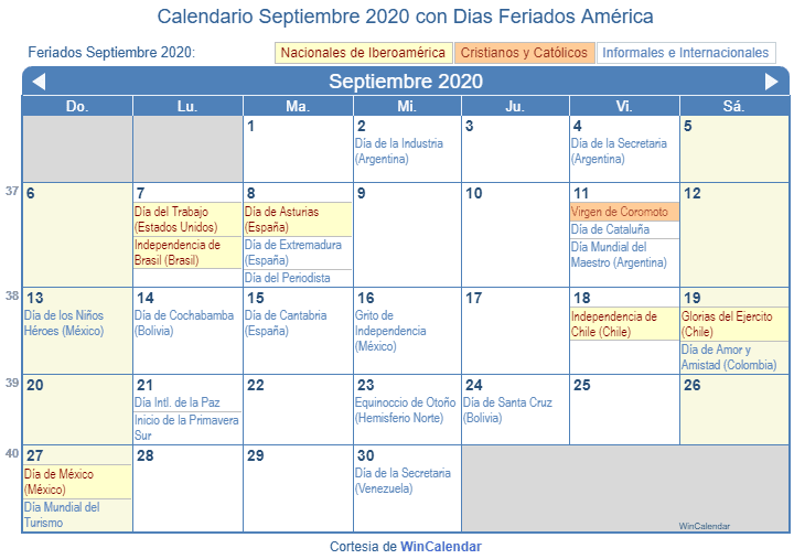 Calendario Septiembre 2020 para imprimir - América