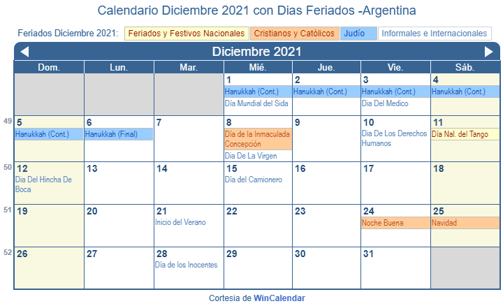 Calendario Diciembre 2021 para imprimir - Argentina