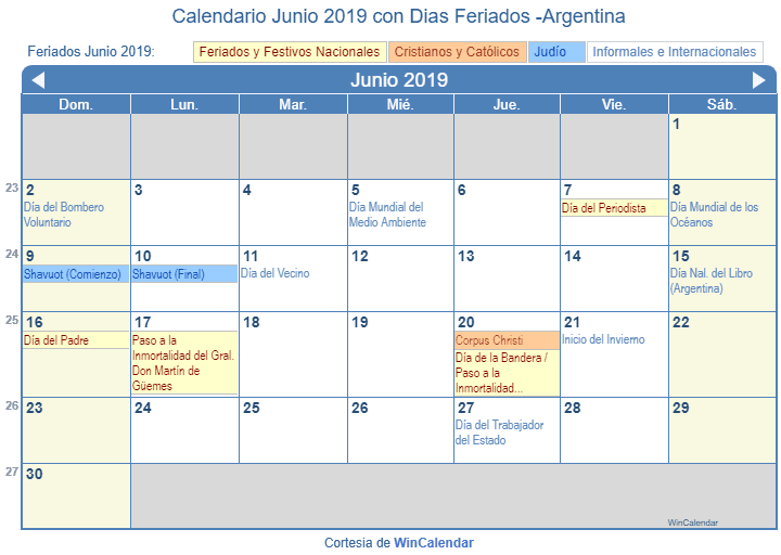 Calendario Junio 2019 para imprimir - Argentina