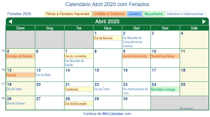 Calendário de Abril de 2020 para impressão - Brasil