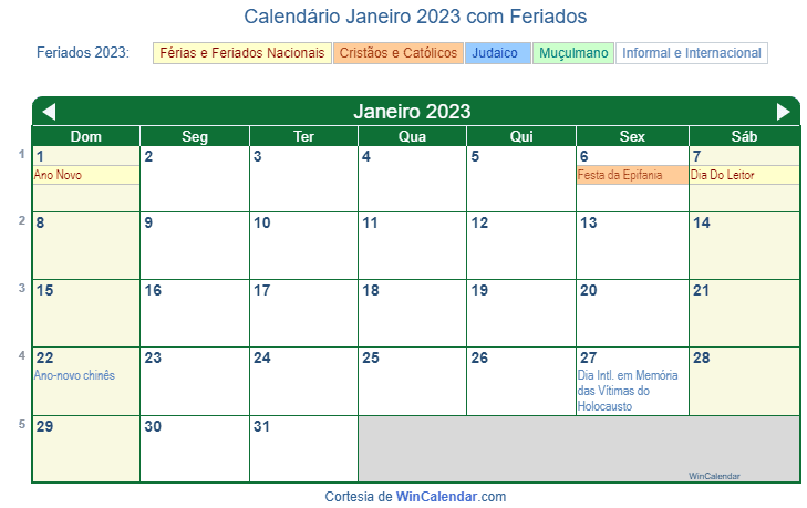 Calendário de Janeiro de 2023 para impressão - Brasil
