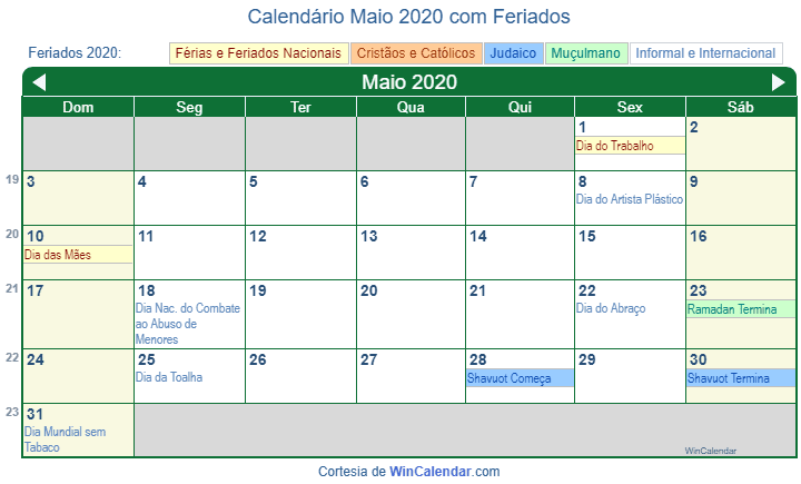 Calendário de Maio de 2020 para impressão - Brasil