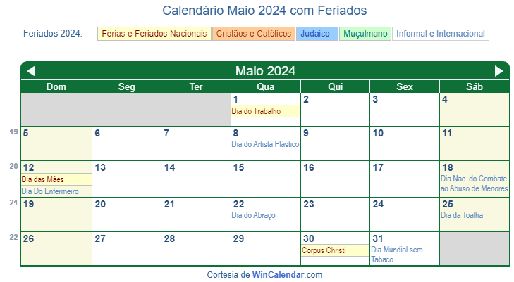 Calendário de Maio de 2024 para impressão - Brasil