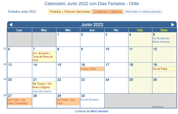 Calendario Junio 2022 para imprimir - Chile