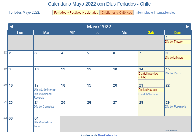 Calendario Mayo 2022 para imprimir - Chile
