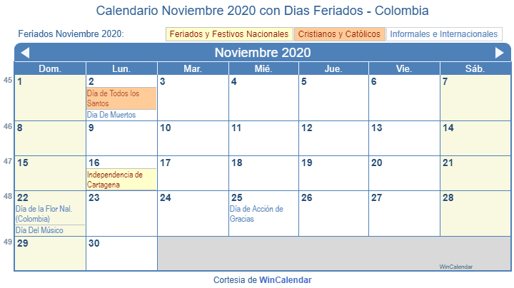 Calendario Noviembre 2020 para imprimir - Colombia