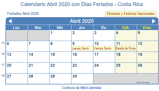 Calendario Abril 2020 para imprimir - Costa Rica