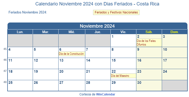 Calendario Noviembre 2024 para imprimir - Costa Rica