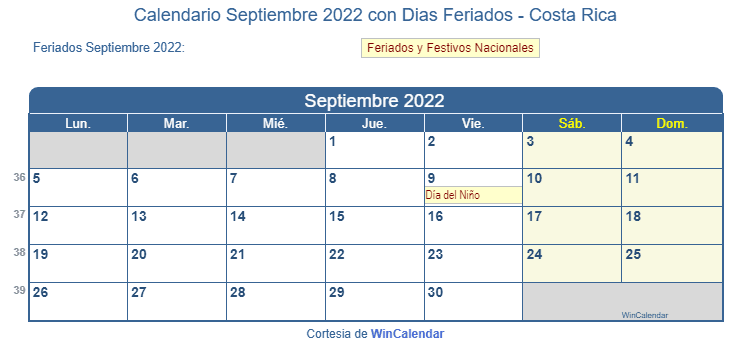 Calendario Septiembre 2022 para imprimir - Costa Rica