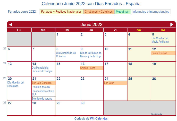 Calendario Junio 2022 para imprimir - España
