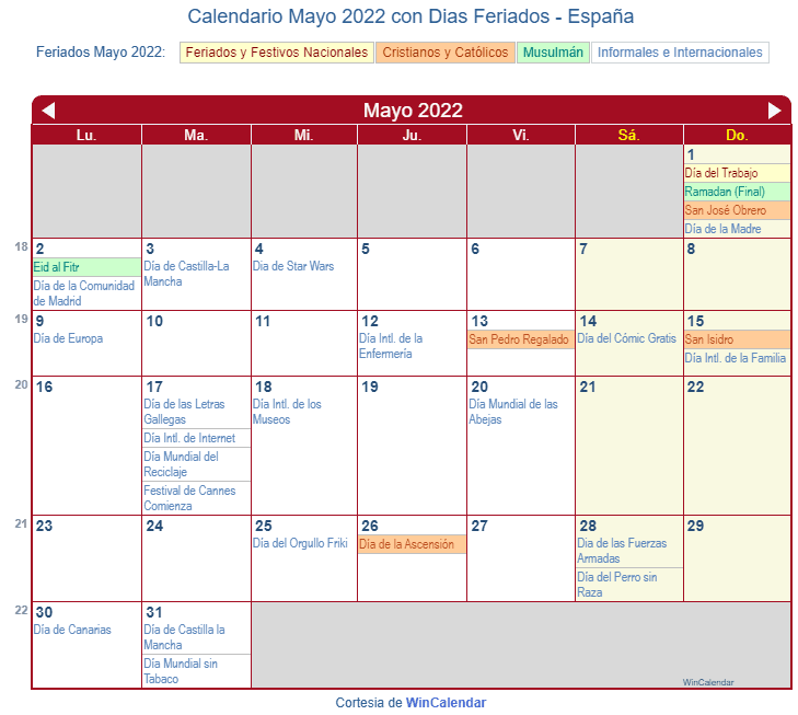 Calendario Mayo 2022 para imprimir - España