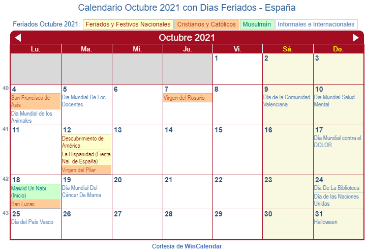 Calendario Octubre 2021 para imprimir - España