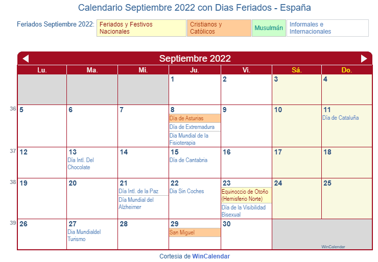 Calendario Septiembre 2022 para imprimir - España