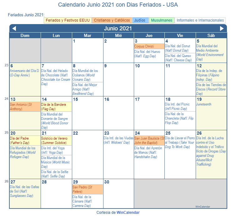 Calendario Junio 2021 para imprimir - Estados Unidos