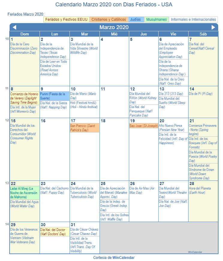 Calendario Marzo 2020 para imprimir - Estados Unidos Calendario Marzo 2020 para imprimir - Estados Unidos