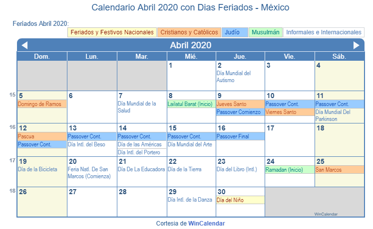 Calendario Abril 2020 para imprimir - México
