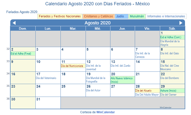 Calendario Agosto 2020 para imprimir - México