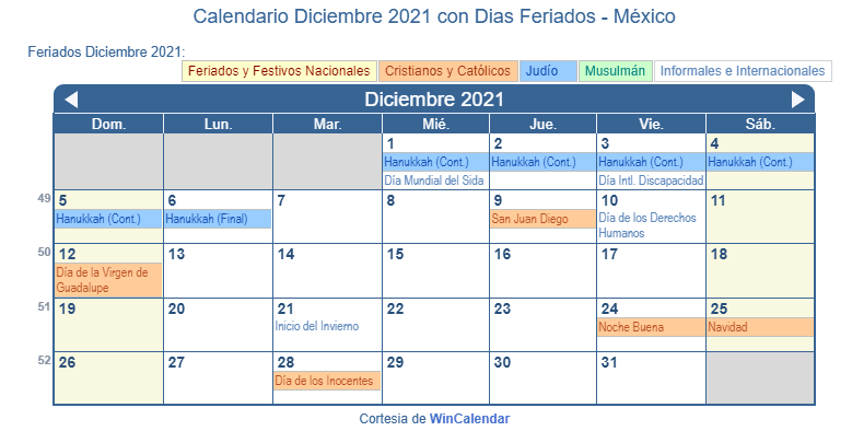 Calendario Diciembre 2021 para imprimir - México
