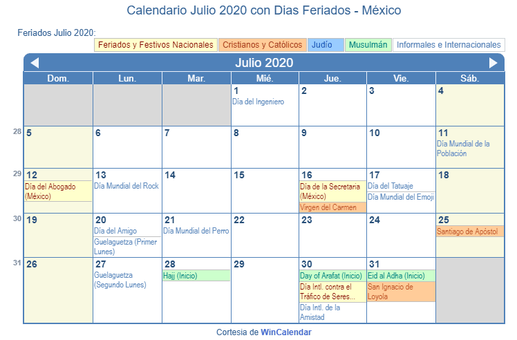 Calendario Julio 2020 para imprimir - México