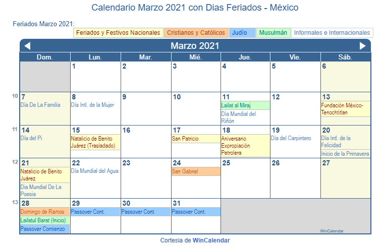 Calendario Marzo 2021 para imprimir - México