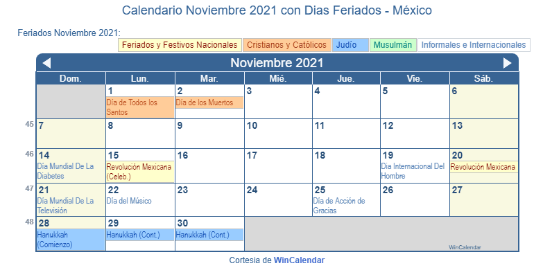 Calendario Noviembre 2021 para imprimir - México